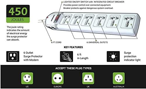 KRIEGER Universal Power Strip AC 220-240V Surge Protector With Heavy Duty German Schuko Plug For Computer, Printers, 6 Universal AC Outlets - Type E/F