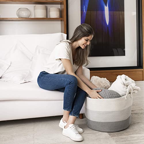 OrganiHaus Gray Extra Large Storage Basket for Blankets 20x13| Decorative Cute Laundry Hamper Basket for Clothes | Cotton Rope Basket for Blankets | Farmhouse Nursery Laundry Basket & Towel Hamper