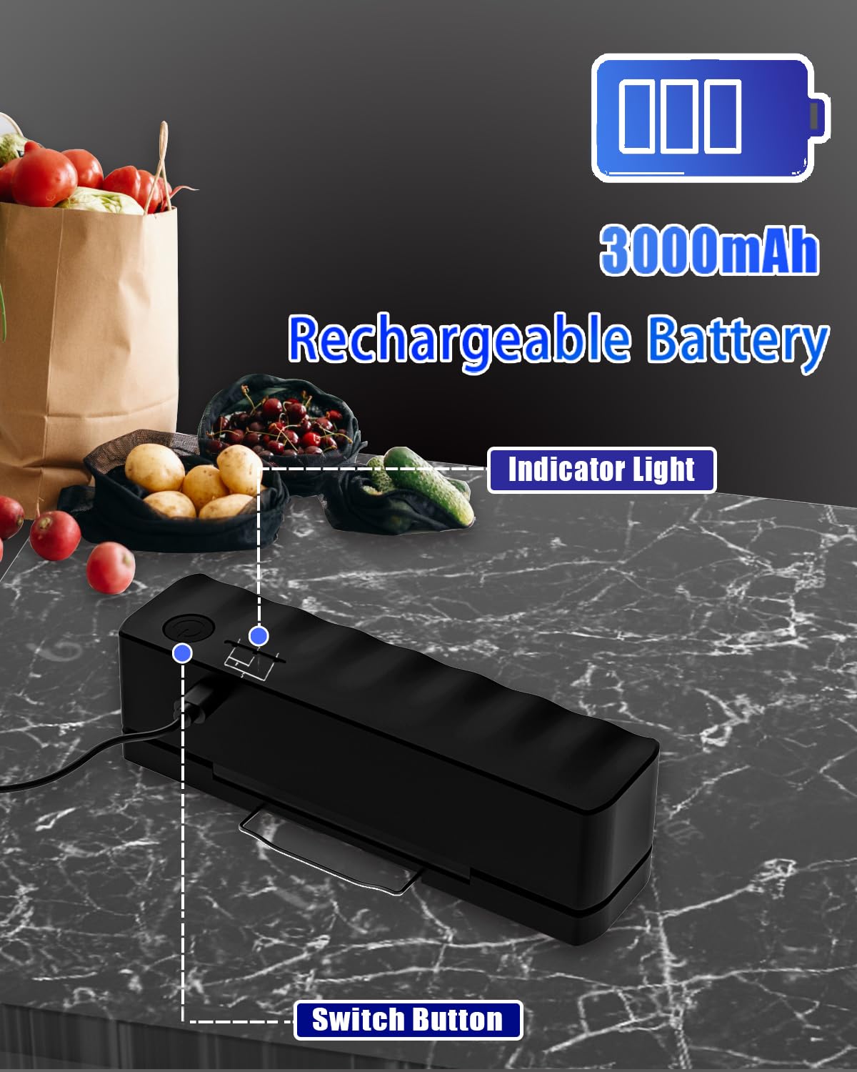 Bag Sealer Mini Rechargeable,3000mAh Heat Sealer Machine with 5 Adjustable Gears Chip Bag Resealer,Plastic Bag Sealer for Food Snack Bags Storage(black)