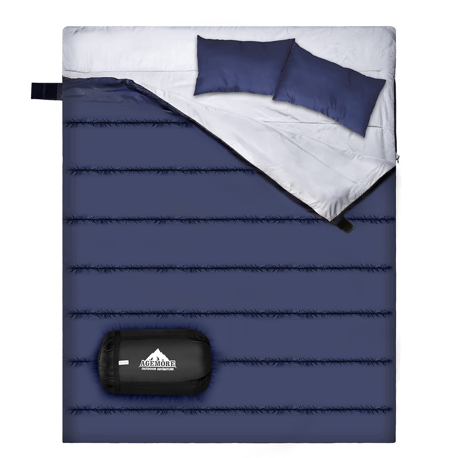 AGEMORE Double Sleeping Bag for Camping, Backpacking Or Hiking, Lightweight Waterproof 2 Person Sleeping Bag with 2 Pillow, Queen Size Sleeping Bag for Adults Or Teens, Truck or Tent (6LB Blue)