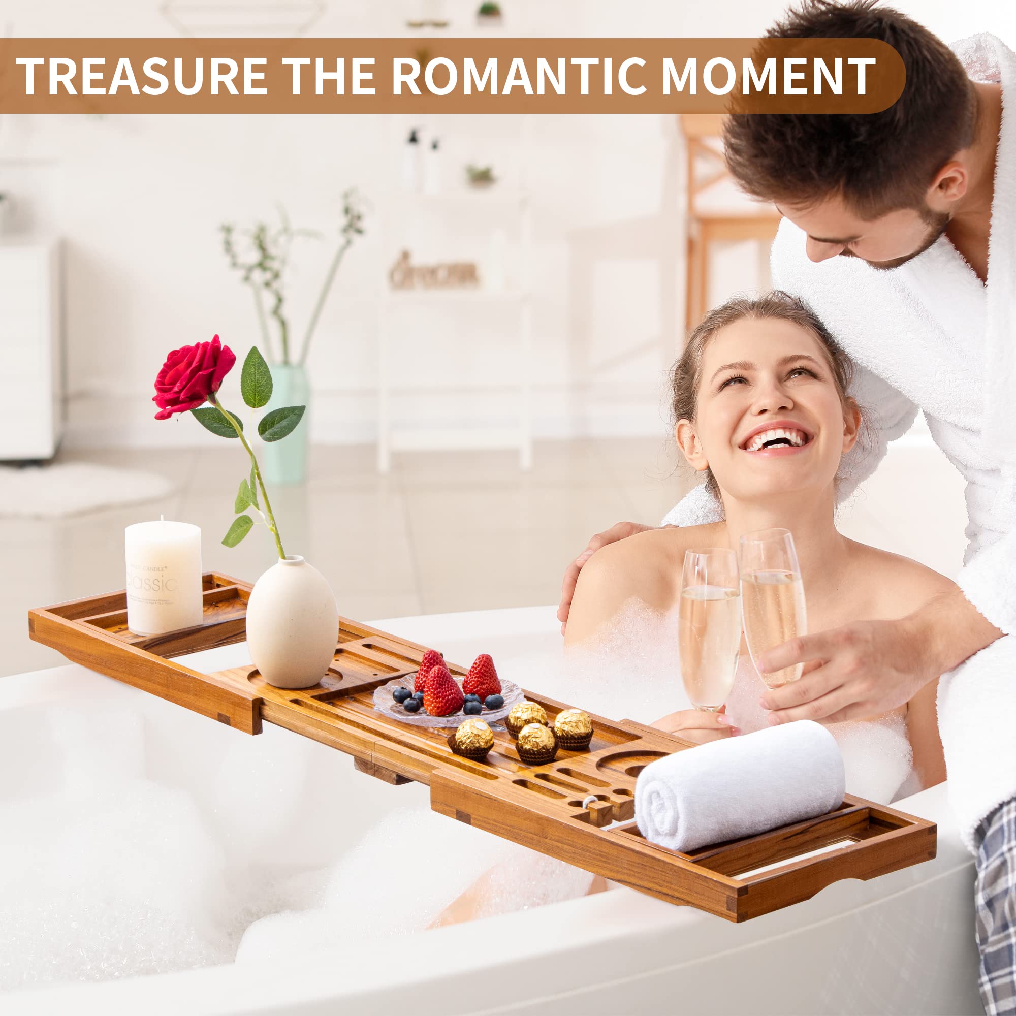 Axeman Teak Bathtub Tray - Bathtub Caddy for Luxury Bath Foldable Bath Tray Bath Tub Accessories with Expandable Handles Wine Glass Phone Holder Book Stand for Home Spa Relaxing and Reading,Natural