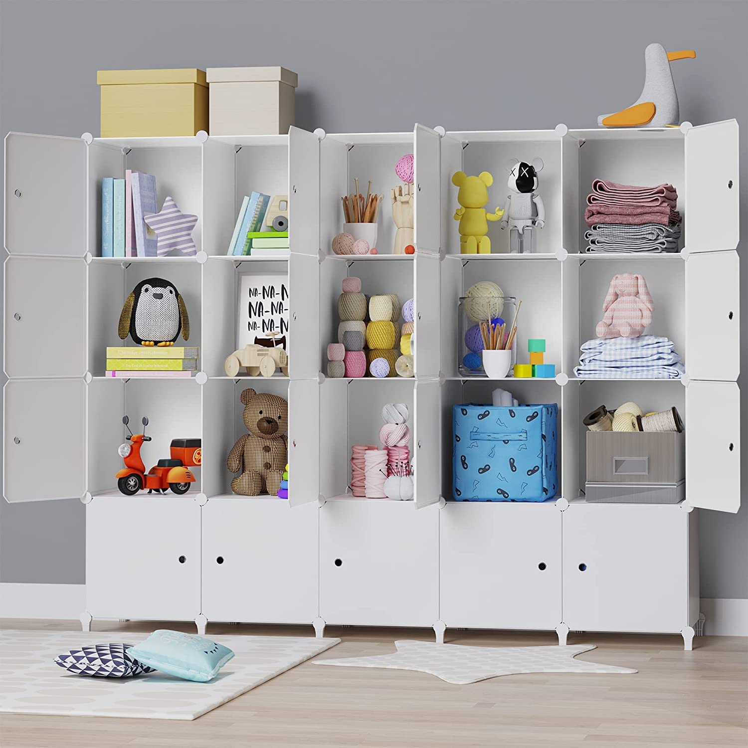HOMIDEC Cube Storage Organizer, Heavy Duty Portable Closet Wardrobe with Door, 58in Large Closet Organizers and Storage with Hanging Rod for Clothes Yarns Toys Books Tools(20 cube white)