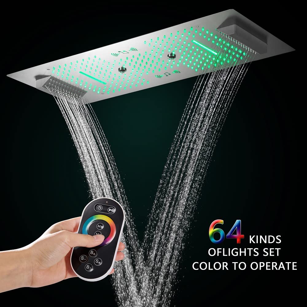 Cascada Luxury 16”x36” Music LED Shower Head with built-in Bluetooth Speakers, 4 functions (Rainfall, Waterfall, Mist Outlet & Side Rainfall) & Remote Control 64 Color Lights (Polished Gold)