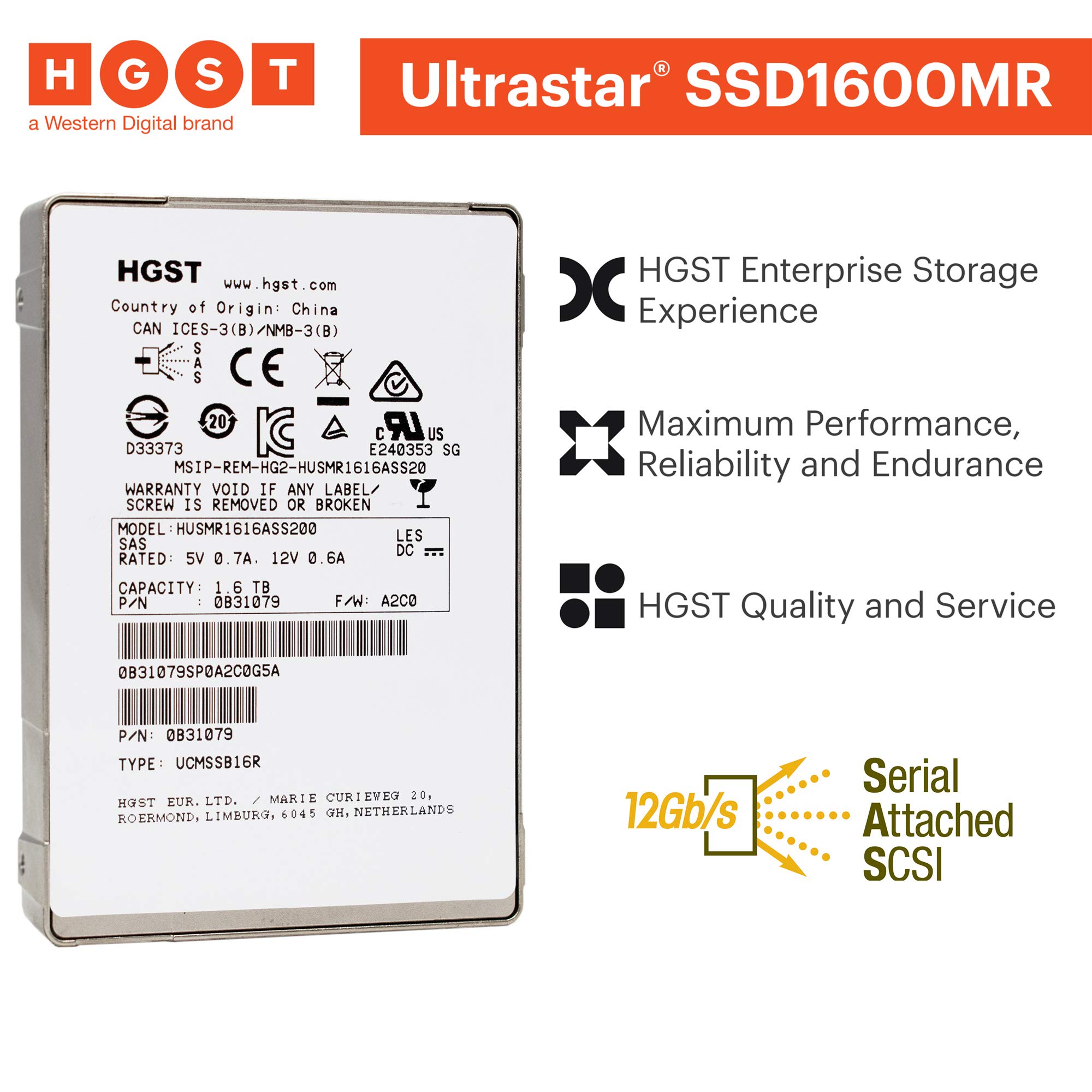 HGST Ultrastar SSD1600MR | HUSMR1616ASS200 | 0B31079 | 1.6TB SAS 12Gb/s 2.5" Inch MLC NAND | 130K / 30K IOPS random R/W | T10 End-To-End Data Protection | Enterprise Solid State Drive SSD