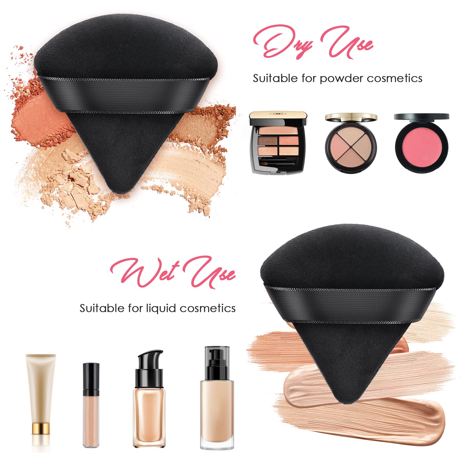 AMMON 4 Pieces Powder Puff,Triangle Soft Makeup Powder Puff,Face Makeup Sponge Puff Velour Makeup Puff for Loose Mineral Powder Cosmetic (Black)