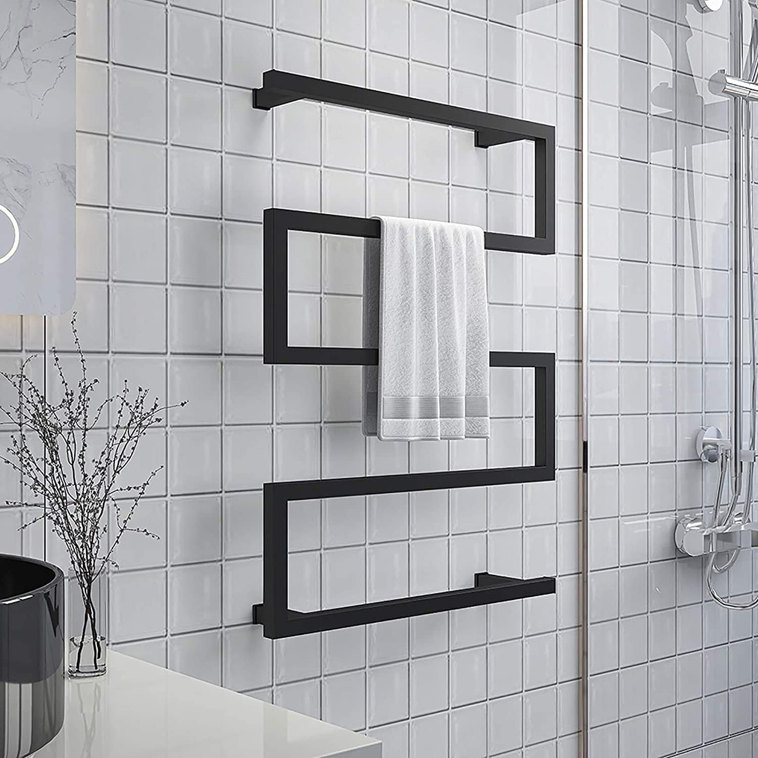 Heated Towel Rack, Towel Warmer Electric Heated Towel Rack with Timer 304 Stainless Steel Heated Towel Rail Wall Mounted 5 Bars Waterproof Bath Towel Heater 80×60×12Cm,White ,Electric Towel Warmer