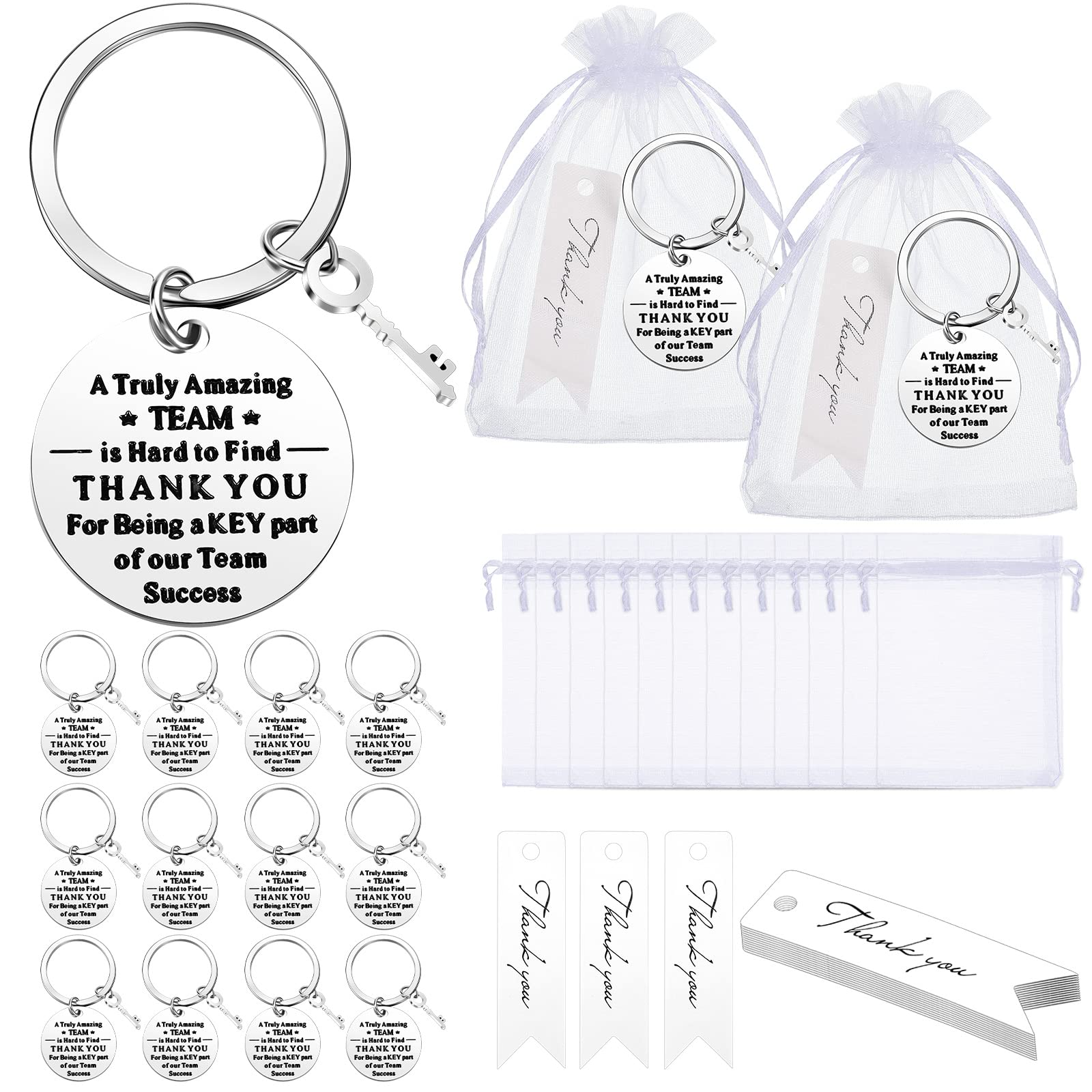 Kigeli 72 Pcs Thank You Gifts Bulk for Employee Appreciation Gifts 24 Coworkers Inspirational Keychains 24 White Organza Bags 24 Thank You Cards for Coworker Social Worker Christmas Favors