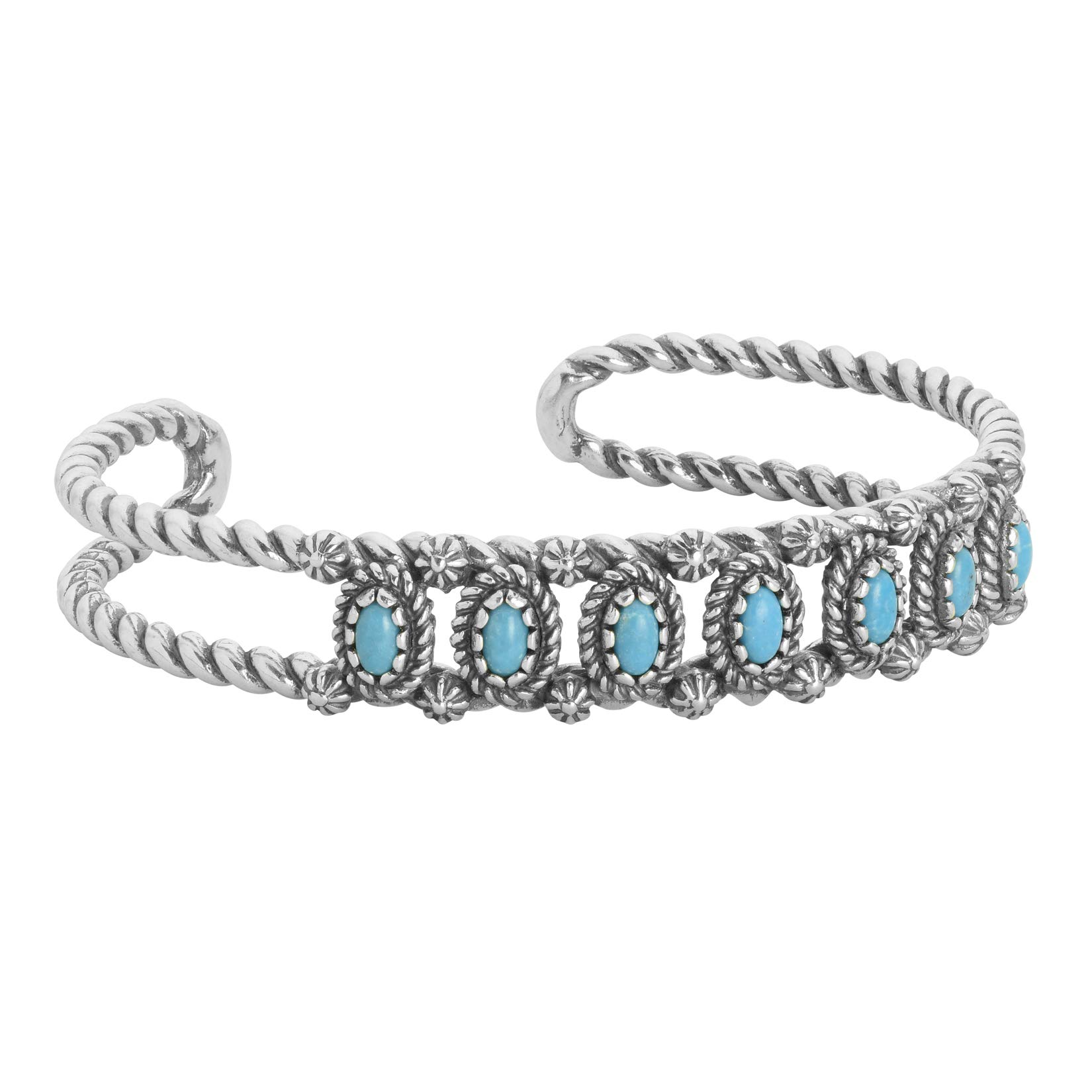 American West Sterling Silver Blue Turquoise Gemstone 7-Stone Double Rope Floral Cuff Bracelet Size M