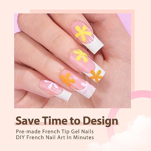 BTArtboxnails French Gel Nail Tips -150Pcs French Tip Press on Nails Pink Long Square 3 in 1 X-coat Tips Pre-applied Tip Primer & Base Coat, No Need to File Fake Nails for Nail Art DIY 15 Sizes