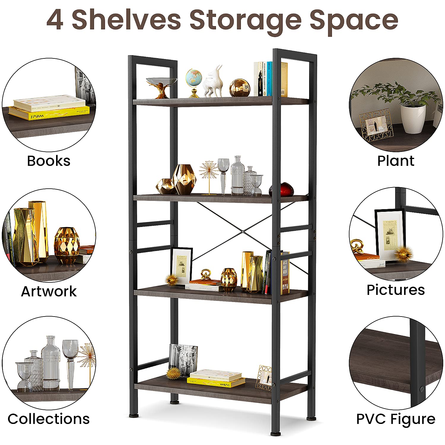 DKLGG 4-Tier Storage Shelves, Bookshelf, Wood Bookcase with Metal Frames and Standing Shelving Unit, Industrial Design Open Standing Organizer for Living Room, Bathroom, Balcony, Office, Rustic Brown