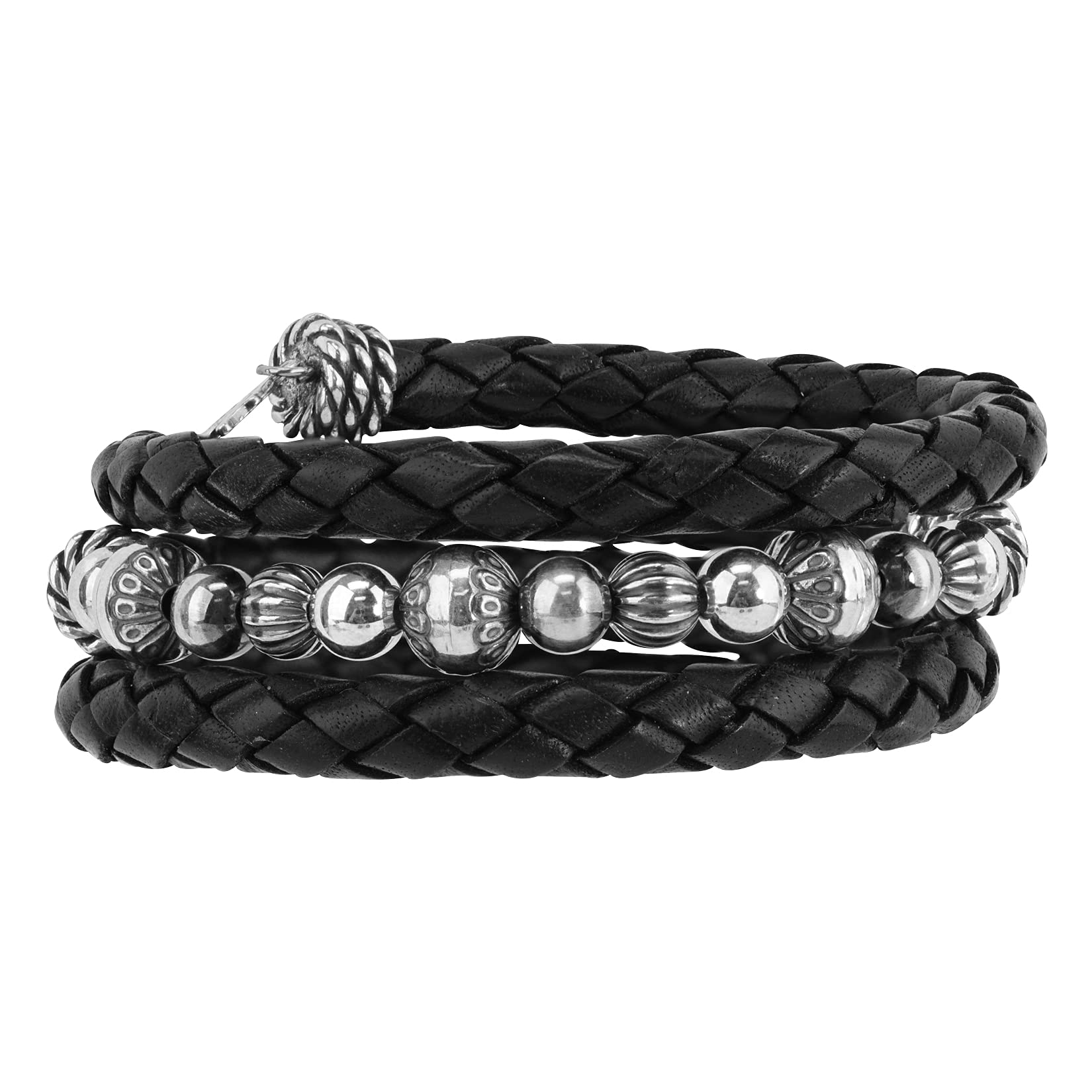 American West Sterling Silver Wrap Bracelet For Men & Women Silver Beaded Black Braided Leather One Size Fits Most