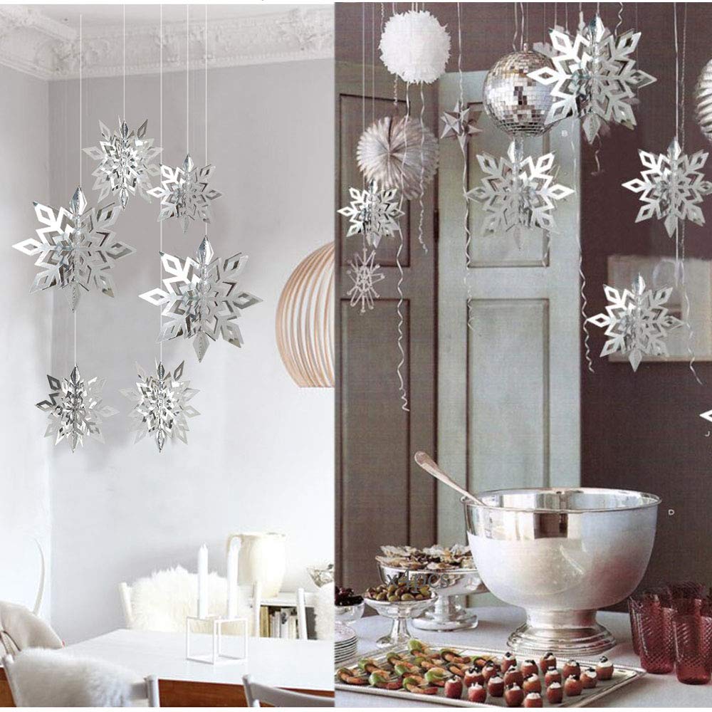 Amidaky Snowflake Decorations 12 pcs Paper Snowflake Hanging Christmas Winter Wonderland Holiday New Year Party Home Ornament Silver
