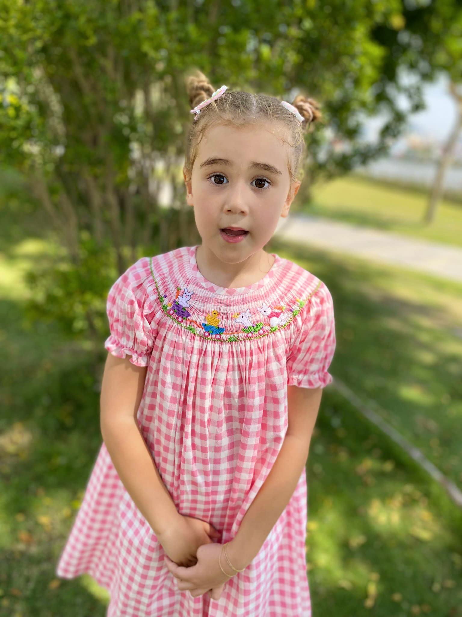 Baby Infant Girl Easter Bunny Parade Egg Hunting Hand Smocked Bishop Dress Pink Gingham 12 Months