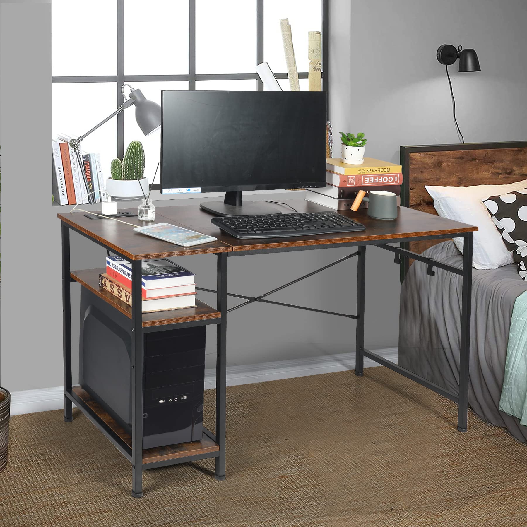 AKVOMBI 47 Inch Computer Desk with Adjustable Shelves & Power Outlet, Small Writing Desk for Small Spaces, Industrial Home Office Desk with USB Port, 2 Hooks, Rustic Brown