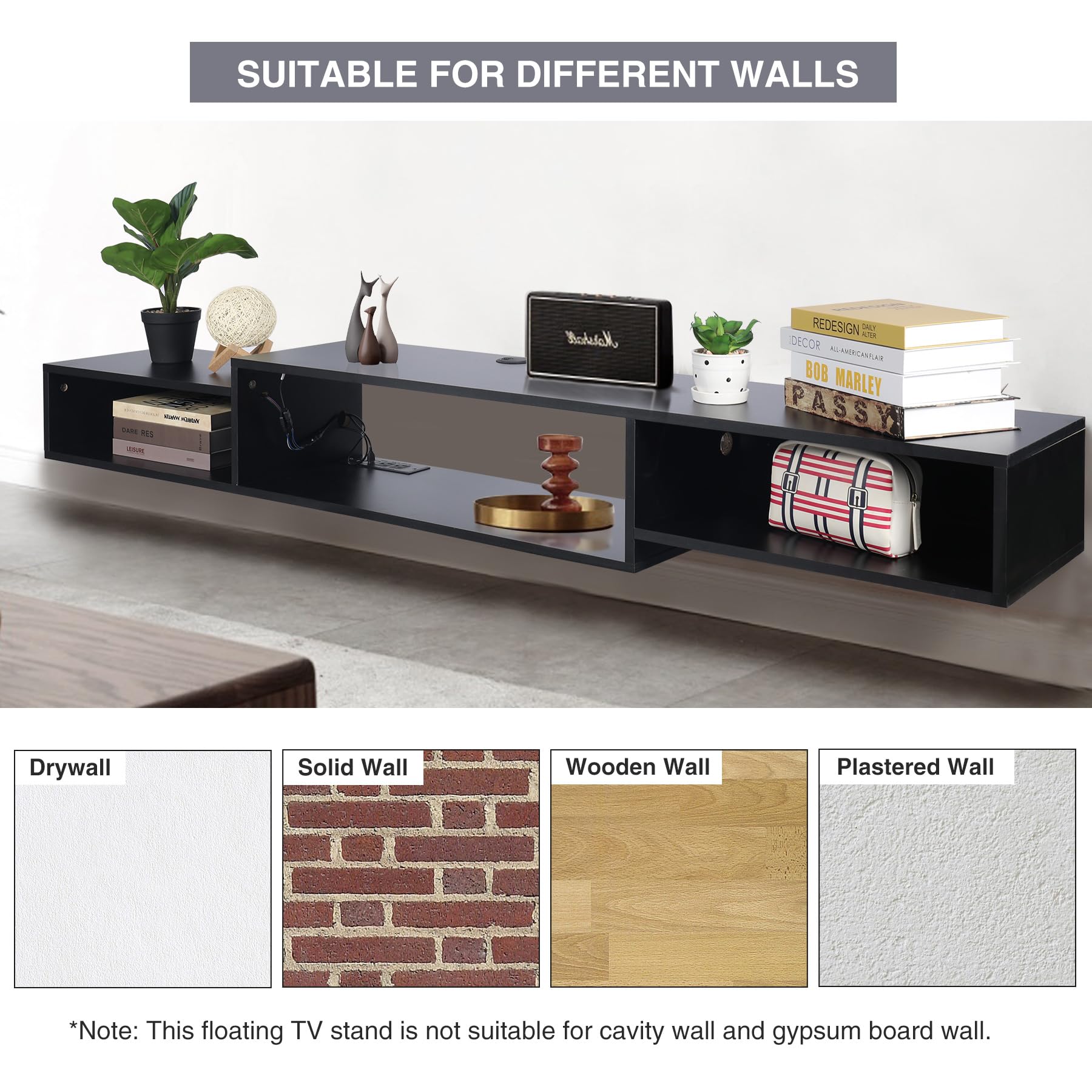 AKVOMBI 71" Floating TV Stand Wall Mounted, Floating Wall Shelf with Led Lights and Power Outlet, Floating Wall Media Console for Living Room Bedroom, Brown