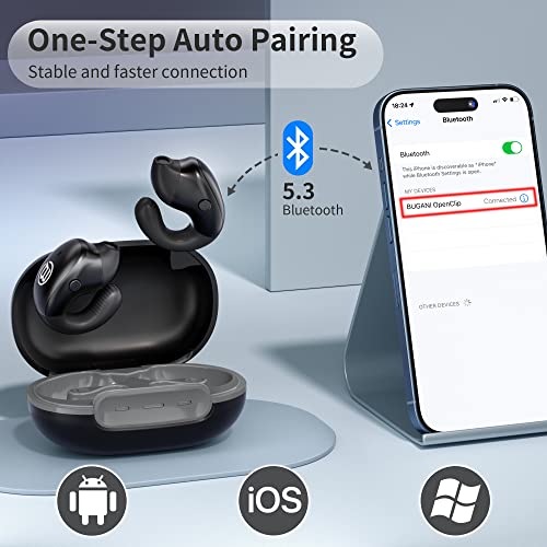 BUGANI Bluetooth Headphones, Open Ear Wireless Bluetooth 5.3 Headphones, Open Ear Clip Earbuds with Stereo Sound, 30H Playtime, Built-in Mic for Clear Calls, Waterproof Headphones for Sport Running