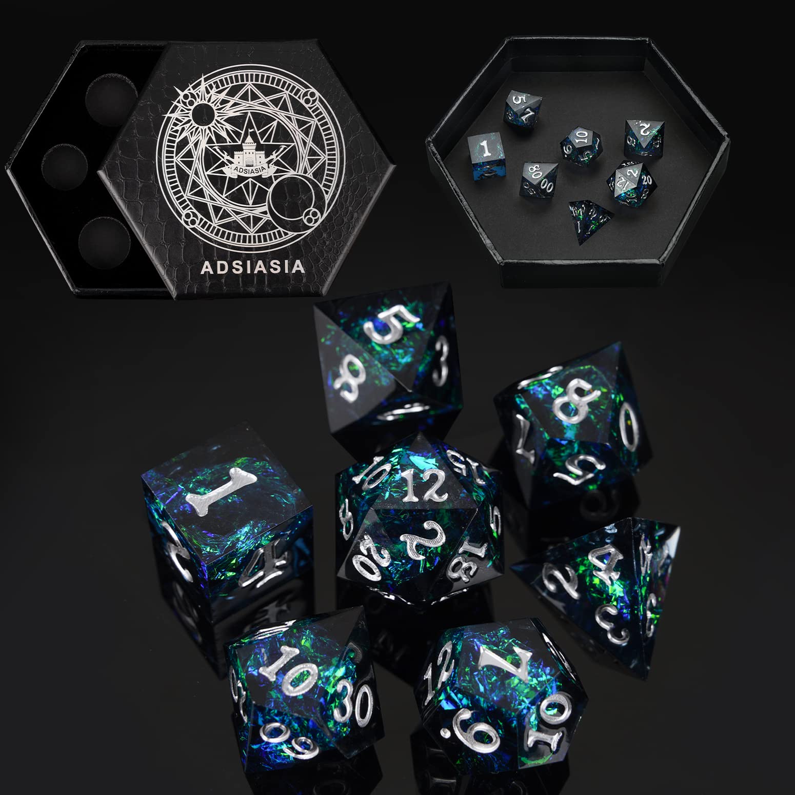 DND Dice Set Resin Polished Edge Polyhedral Dice Set D&D RPG Suitable for Dungeons and Dragons Role Playing Games Dice Gift Box Sharp-Edged Band Sparkling Laser inclusions(Mix Dark Blue Color)