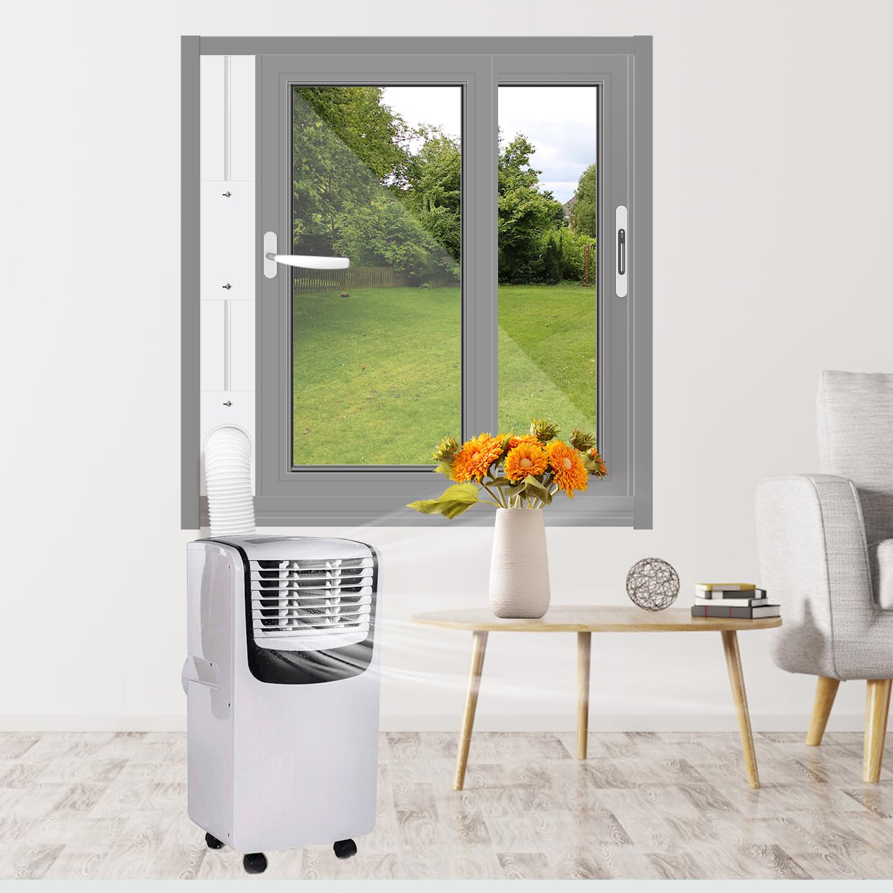 Aozzy Portable Air Conditioner Window Kit Fit for All AC with 5.1/5.9" Exhaust Hose, Upgrade AC Vent Kit for Sliding Window with 4 Adjustable Plates, Rain Cover, Seamless Connection, Max lenght to 60"