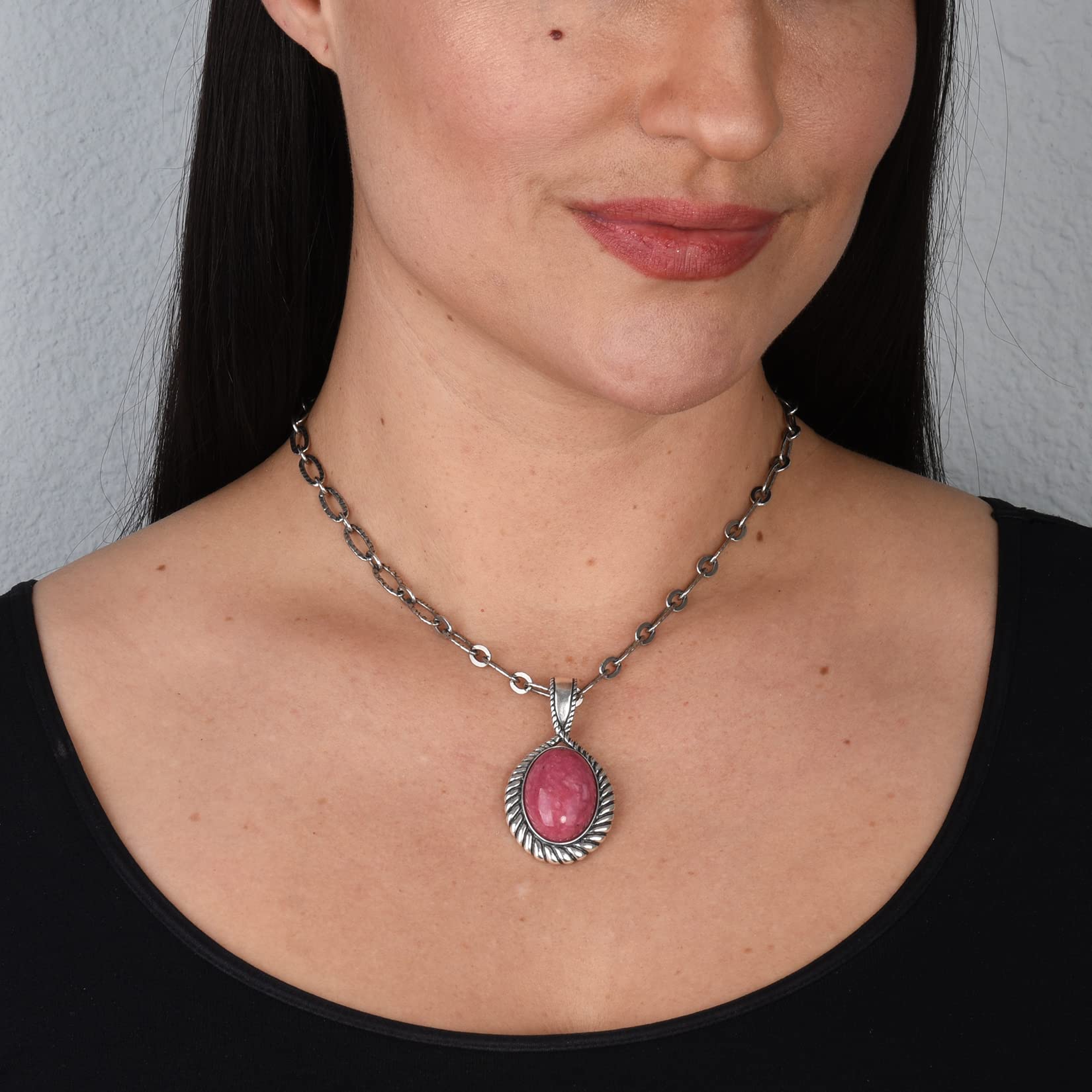 American West Sterling Oval Pink Rhodonite Gemstone Rope Pendant Enhancer