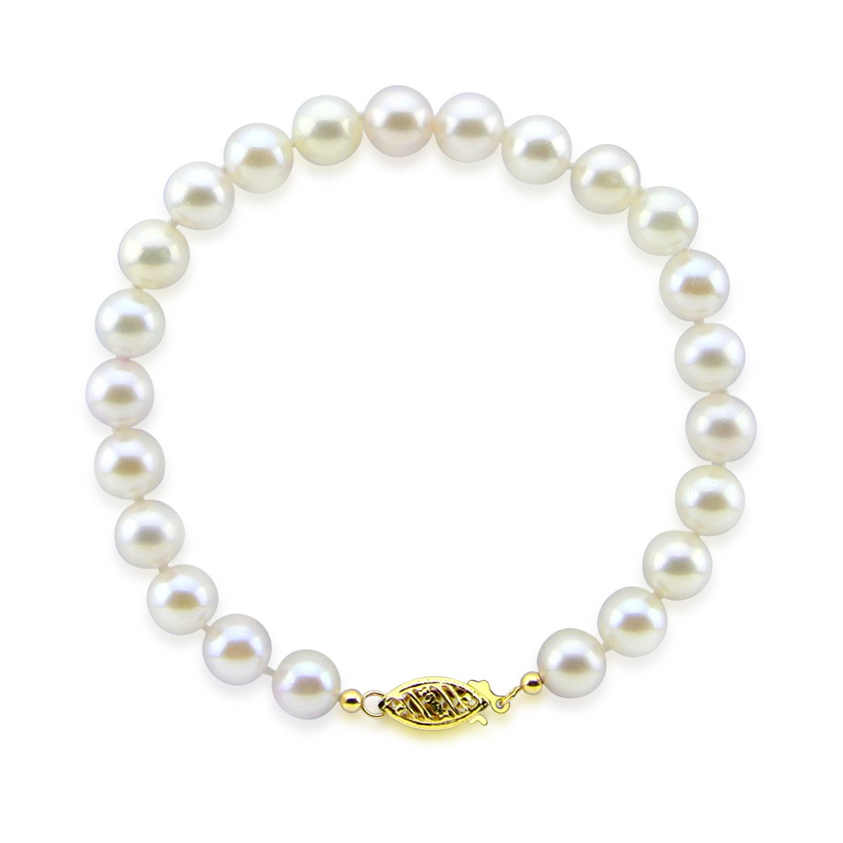 Akwaya 14k Yellow Gold 8.0-9.0mm White Freshwater Cultured Pearl Bracelet 8" Length - AAA Quality