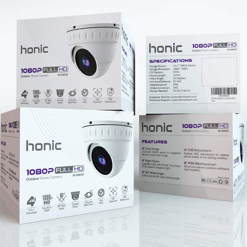 honic Clear Night Vision 2MP 90° Wide Angle (AHD TVI CVI 960H) Indoor Outdoor Dome CCTV Camera, 1080P Security IR Analog Camera, Waterproof Eyeball Cam for Surveillance