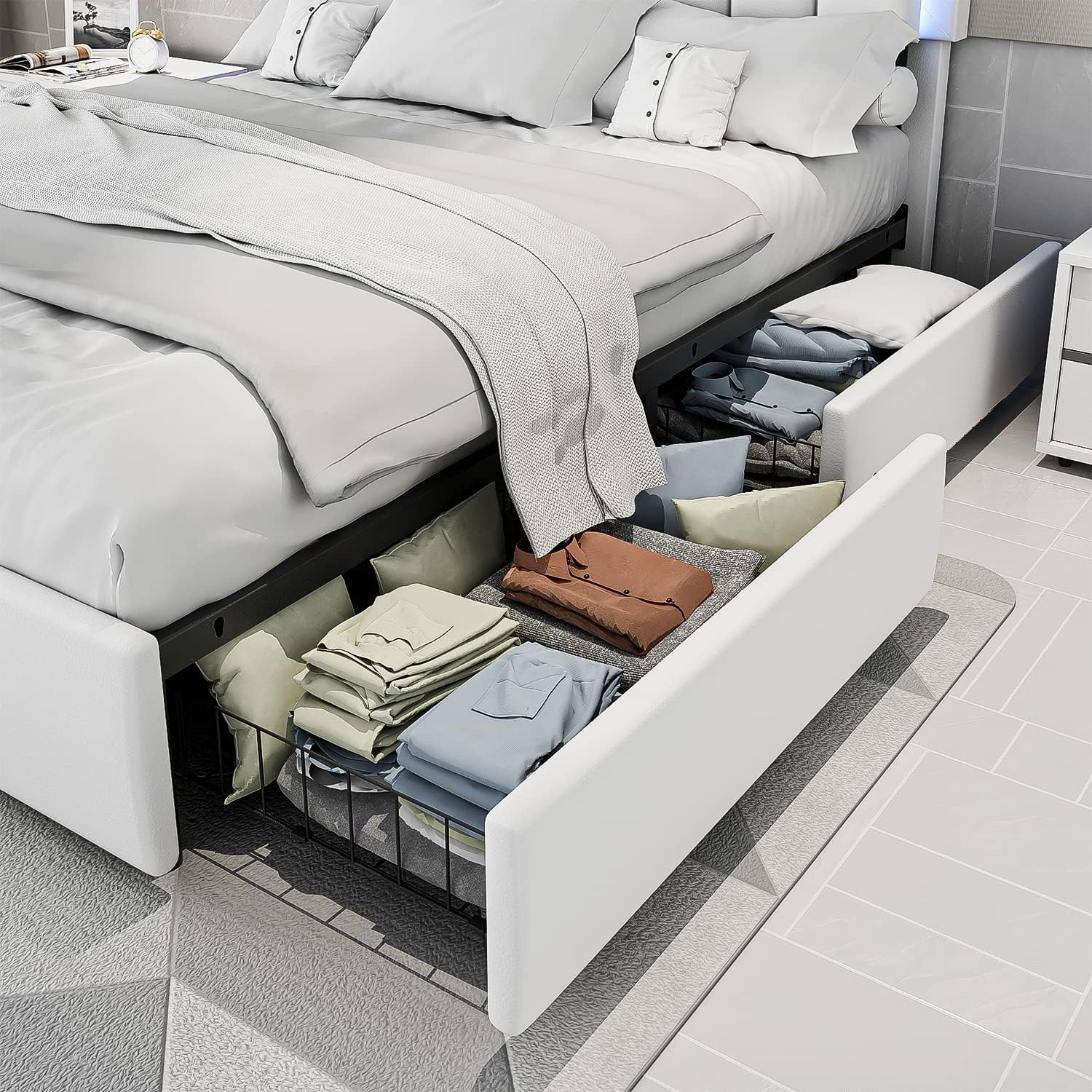 Catrimown Full Size Bed Frame with LED Lights and 4 Storage Drawers, Upholstered Platform Bed with Faux Leather Headboard, Strong Wooden Slats Support, No Box Spring Needed, Easy Assembly, White