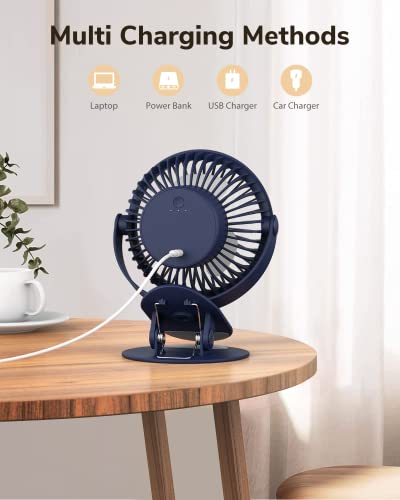 CAFELE Stroller Clip on Fan, 【Ultra Quiet】 Rechargeable Battery Operated Personal Fan Strong Airflow, 4 Speeds Max 24Hrs 6-inch Small Portable Fan for Bed Desk Car Seat White Blue