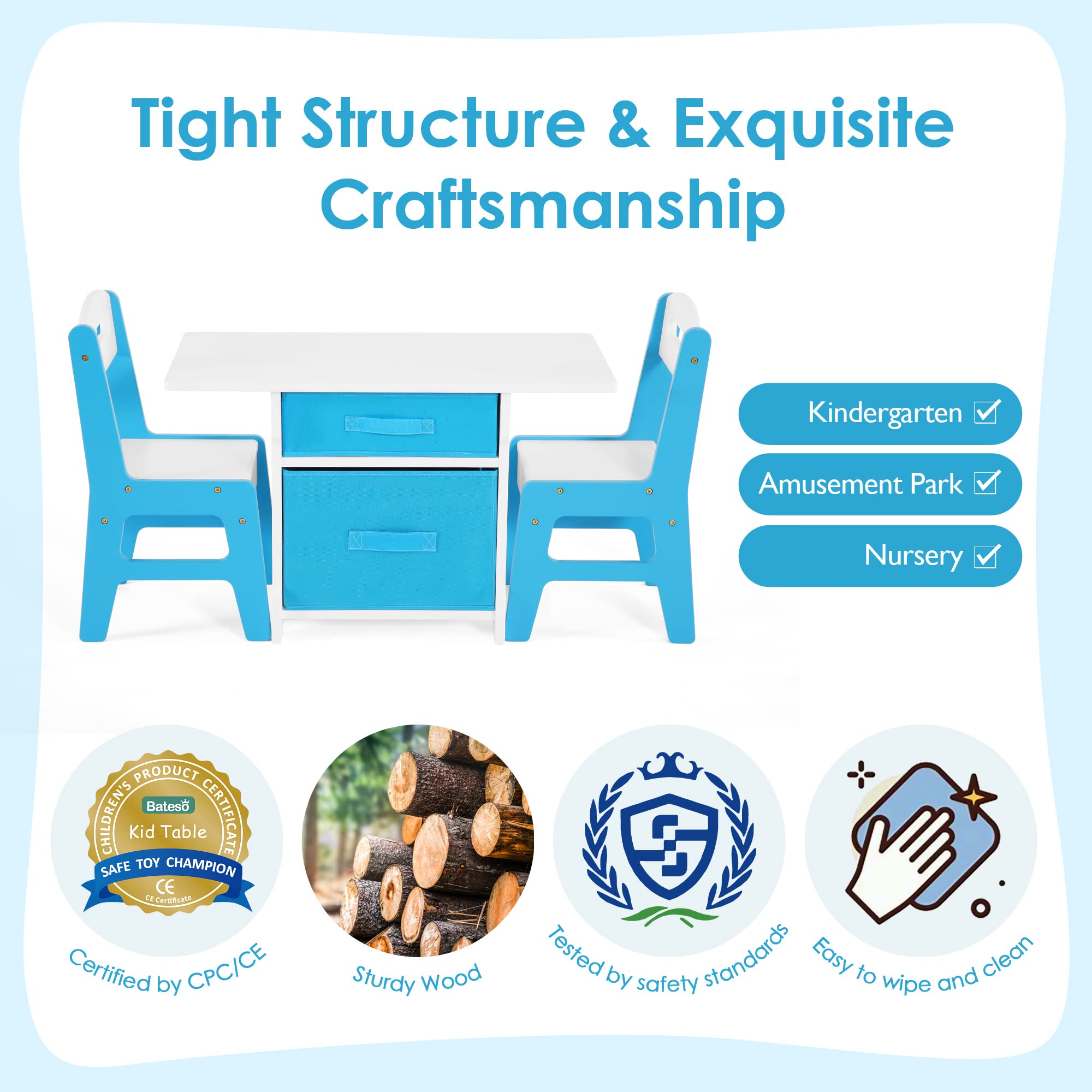 Bateso Kids Table & Chair Set, Toddler Table and Chairs Set with Storage, Kids Table and 2 Chairs with Storage for Learning, Teaching, Eating, Playing, Kindergarten, Living Room