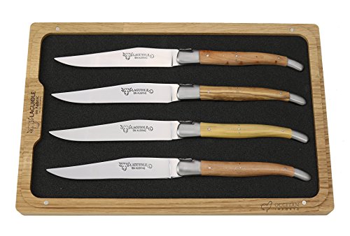 Laguiole en Aubrac Luxury Fully Forged Full Tang Stainless Steel Steak Knives 4-Piece Set with Mixed French Wood Handle, Stainless Steel Brushed Bolsters