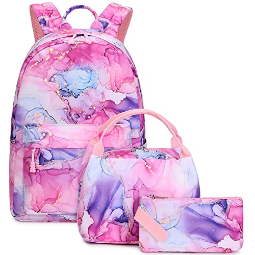 Biesena.h Backpack For Girls School Backpack Set With Lunch Box Kids Book Bag Toddler Backpack Waterproof Travel Bag (Red-Marble)