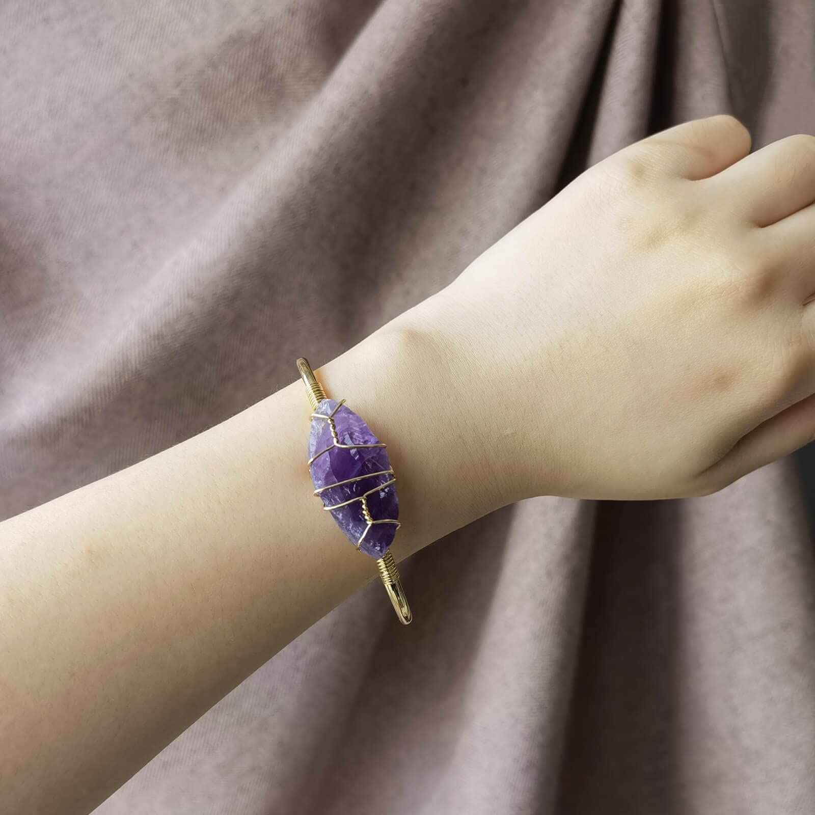 Amethyst Bangle Bracelet, Gold Plated Wire Wrap Natural Purple Crystal February Birthstone Bracelet Cuff for Women, Handmade Adjustable Irregular Raw Gemstone Large Wrists, 0.8ββ~1.4ββ