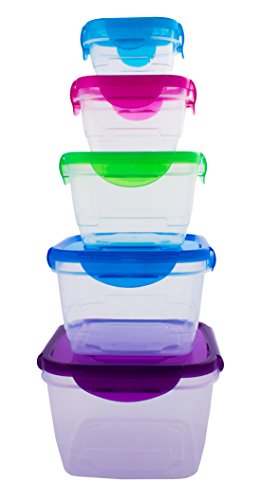 Imperial Home 10 Pc Food Storage Set, Plastic Containers for Food, Airtight Lock Lids, Reusable, Microwave, Refrigerator, & Freezer Safe, 100% Leak Proof, BPA-Free, Stain Resistant, Multicolor Square