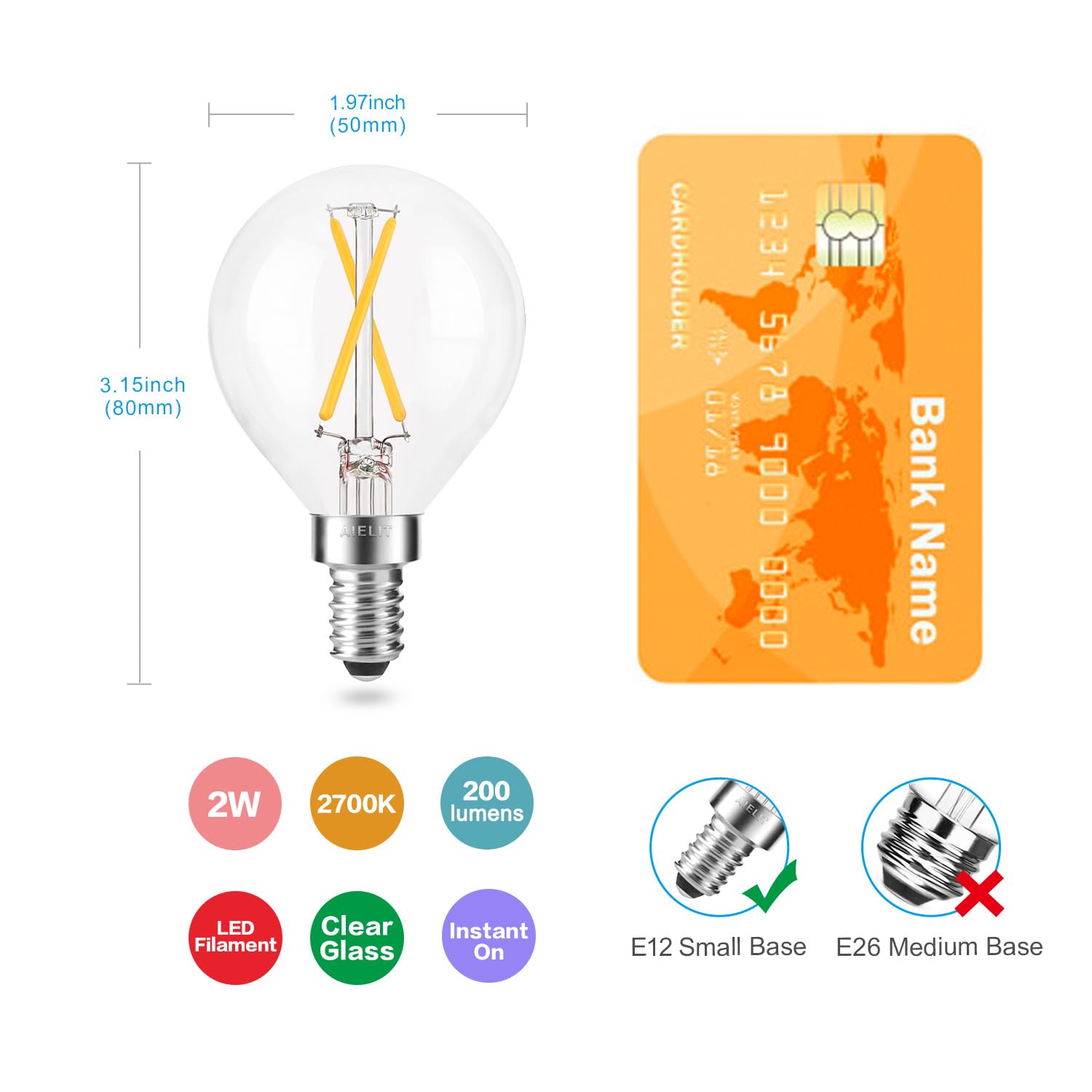 AIELIT E12 LED Globe Bulb Dimmable, 2W(25-Watt Equivalent), Bright White 5000K, Daylight G15/G50 LED Light Bulbs for Hanging Lamp Pendant Chandelier Light Kitchen, 6-Pack