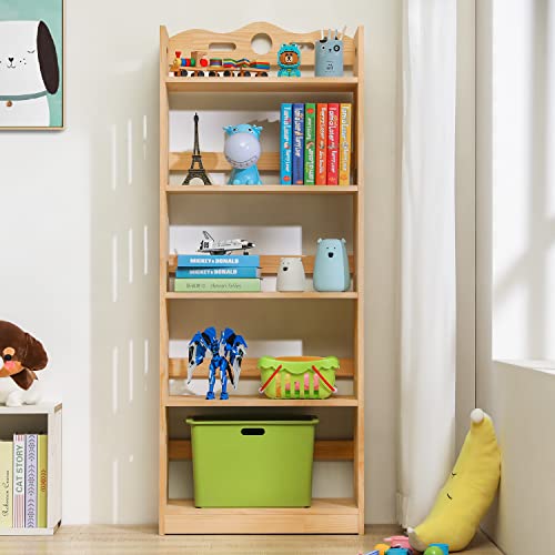 MoNiBloom 5 Tier Bookcase with Open Shelves, Solid Wood Storage Organizer Book Shelf Cabinet Display Organizer for Kids Room Living Room Bedroom, Natural