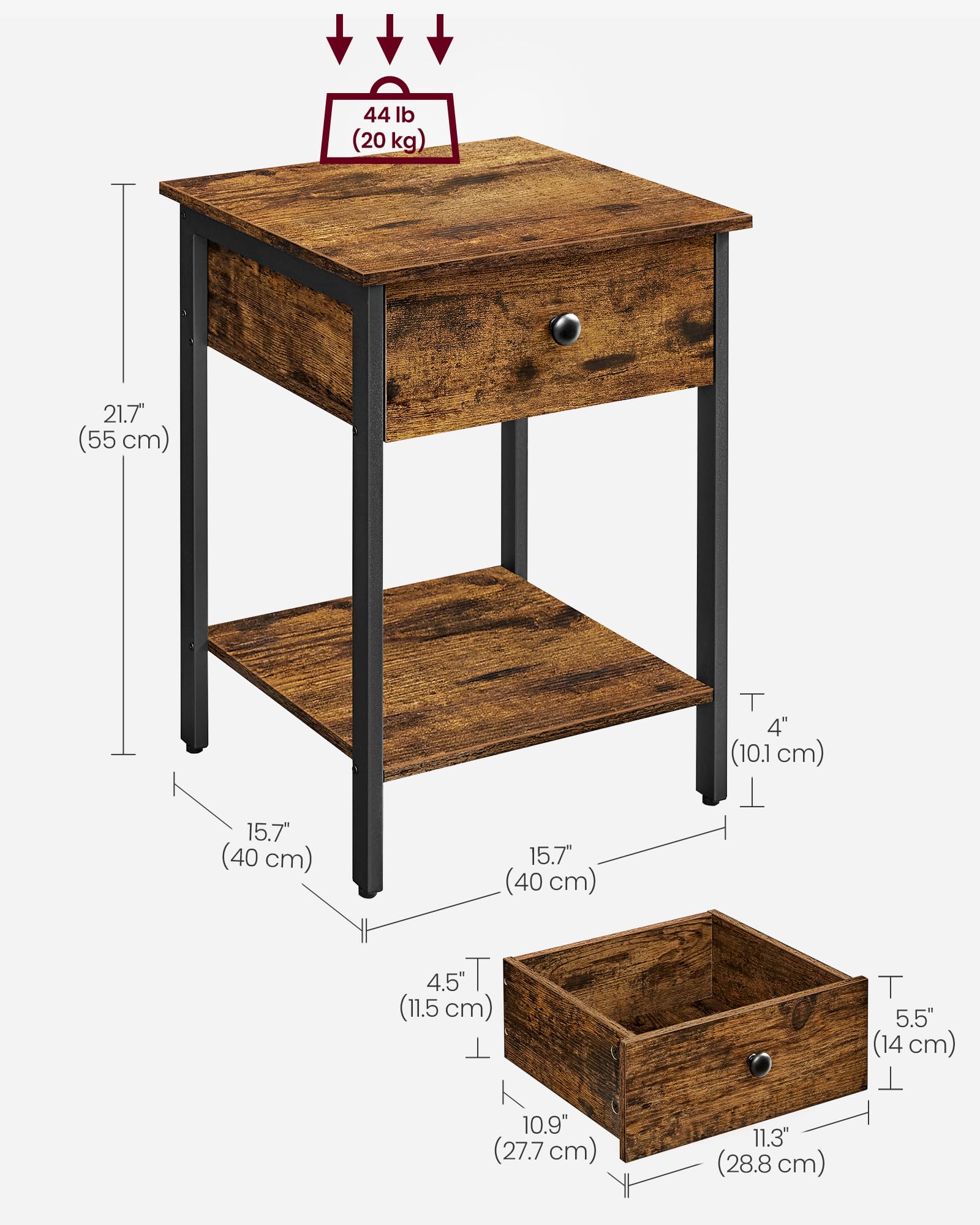 VASAGLE Nightstands Set of 2, Bedside Tables with Drawer, Side Tables, End Tables, for Bedroom, Office, Industrial, Stone Gray and Black ULET506B04