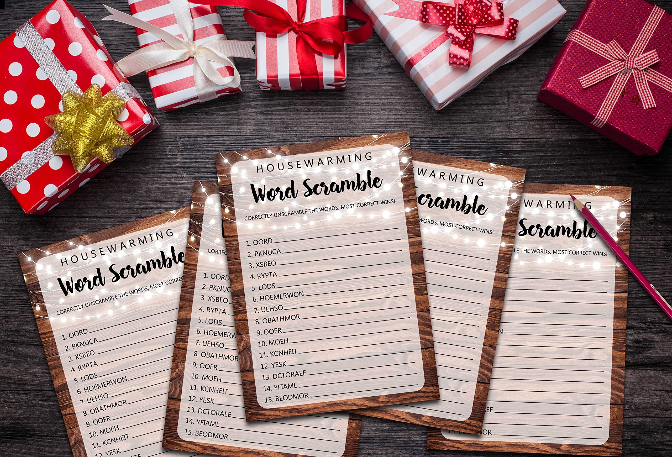 Housewarming Party Games, Word Scramble, Rustic New Home, New House, New Homeowner Party Games Cards, 30 Sheets Each Pack