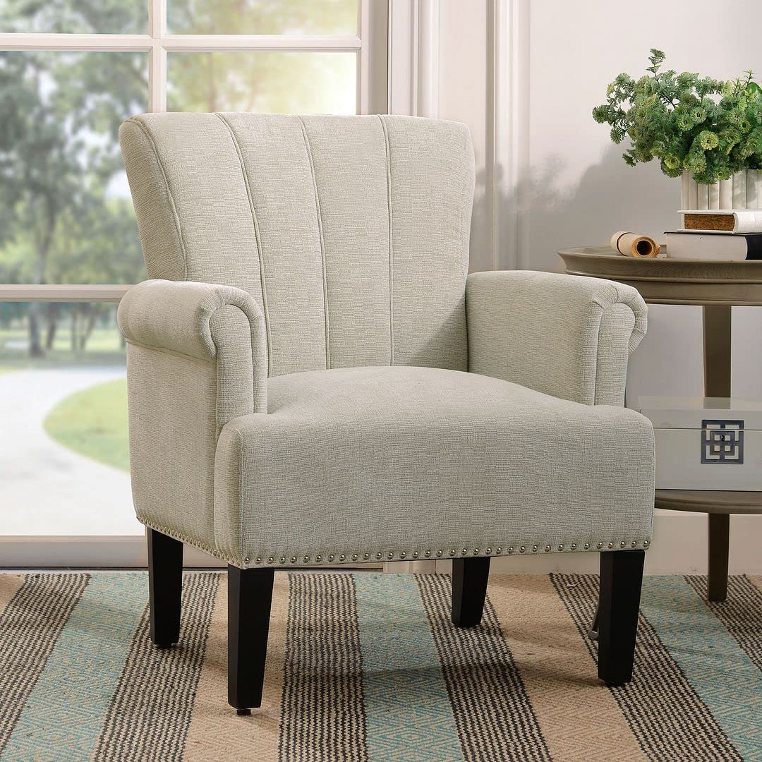 Accent Chair with Rivet Tufted Scroll Arm, Tufted Polyester Upholstery, Wood Legs, Cream for Bedroom and Living Room