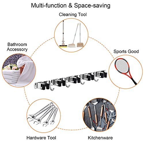 Mop Broom Holder Wall Mounted,Heavy Duty Mop and Broom Wall Mount Stainless Steel with 5 Racks 4 Hooks for Laundry Room, Home, Garage, and 1 hook Separated included （Black）
