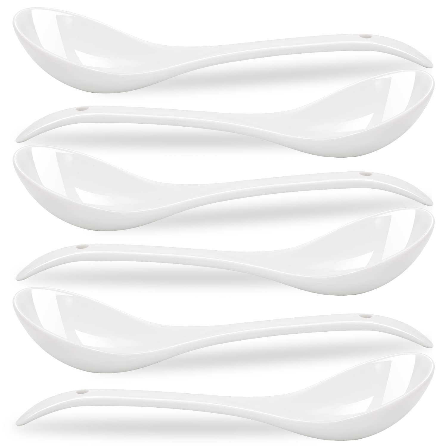 Buyajuju Porcelain Mini Size Ladles, 9 inch Large Soup Spoons, 6 Pieces Premium White Porcelain Spoons, Ladles for Stews, Chinese Noodles Spoons, Long Ladle Big Japanese Spoons