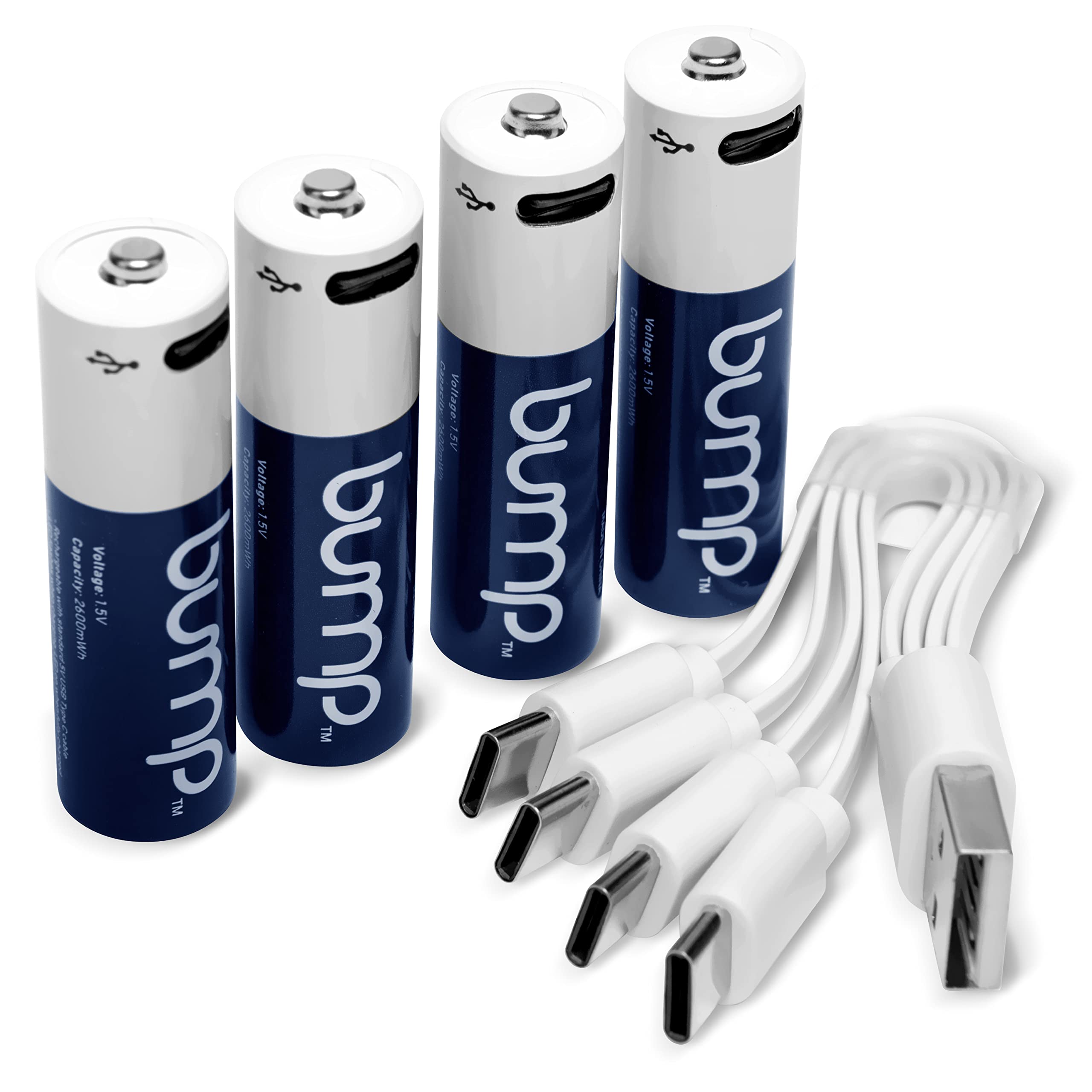 bump AA 1.5V Rechargeable Batteries - 4 Pack -Lithium Ion, High Output, Fast & Long Lasting USB-C Charge, Use w/Remote Control, Battery Operated Toys, Keyboards, Wireless Mice, Charger Cable Included