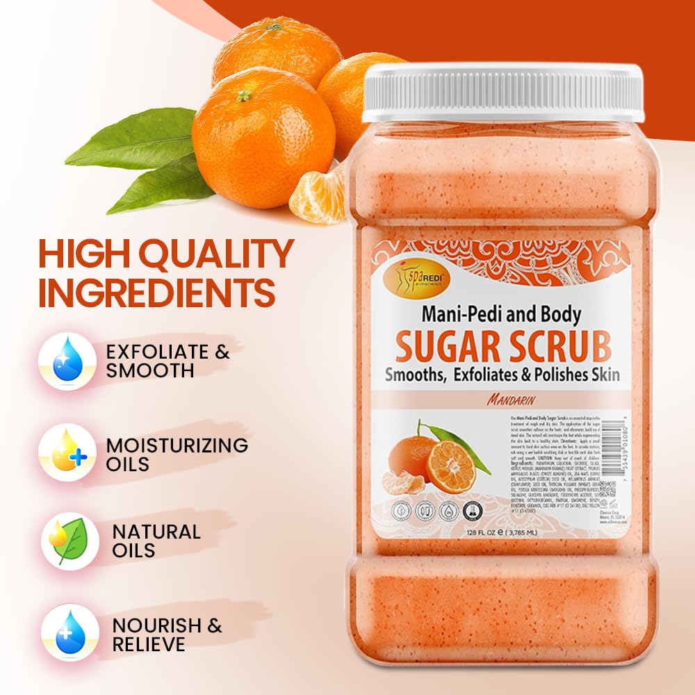 SPA REDI - Sugar Body Scrub, Mandarin, 128 Oz, Exfoliating, Moisturizing, Hydrating and Nourishing, Glow, Polish, Smooth and Fresh Skin - Body Exfoliator