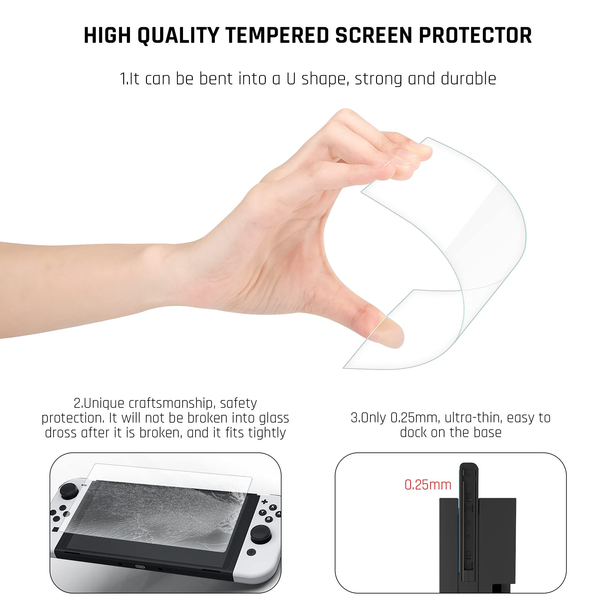 FUNDIARY Dockable Clear Case for Nintendo Switch OLED Model 2021 Skin, Accessories Cover for Switch OLED Console & Joycon with Screen Protector and 10 Pcs Thumb Caps - Full Protection by Flip Shell