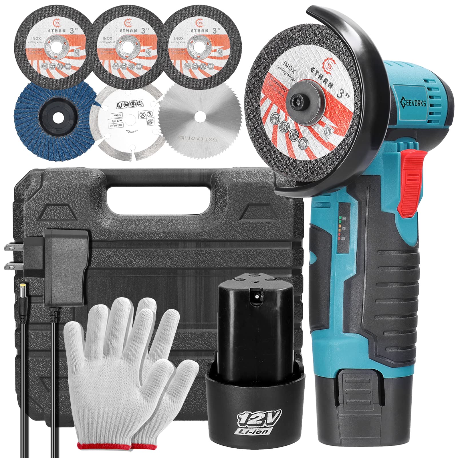 Angle Grinder, Geevorks Mini Angle Grinder Cordless 12V 19500RPM, with 2PCS 1500mAh Battery/Nylon Cutting Blade-s/Grinding Disc/Metal Cutting Disc