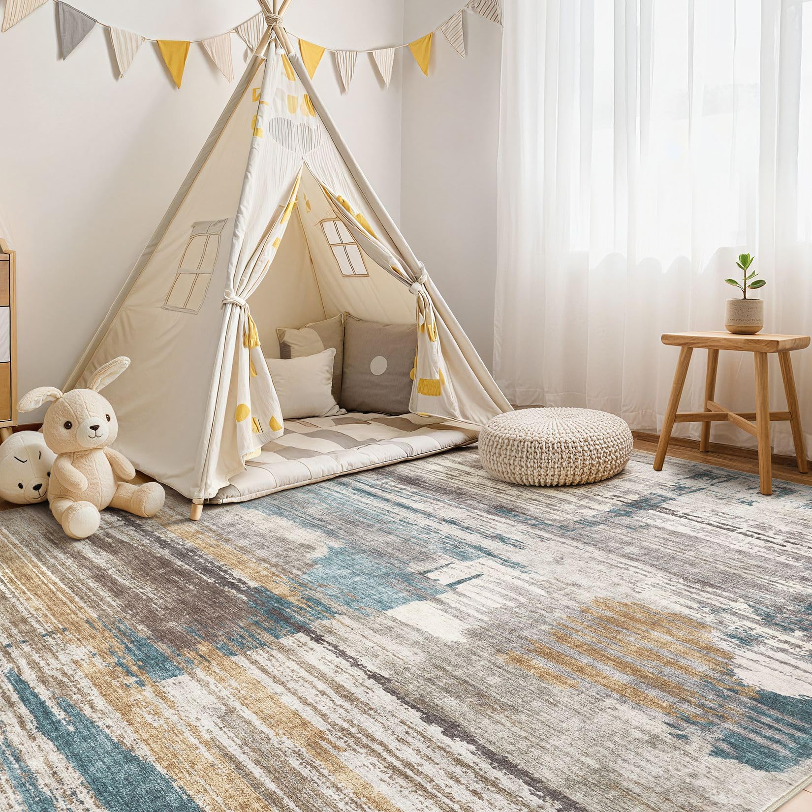 8x10 Rugs for Living Room: Large Modern Washable Super Soft Abstract Area Rug Neutral Contemporary Low Pile Carpet for Bedroom Dining Room Nursery Home Office Decor - Blue/Grey/Gold