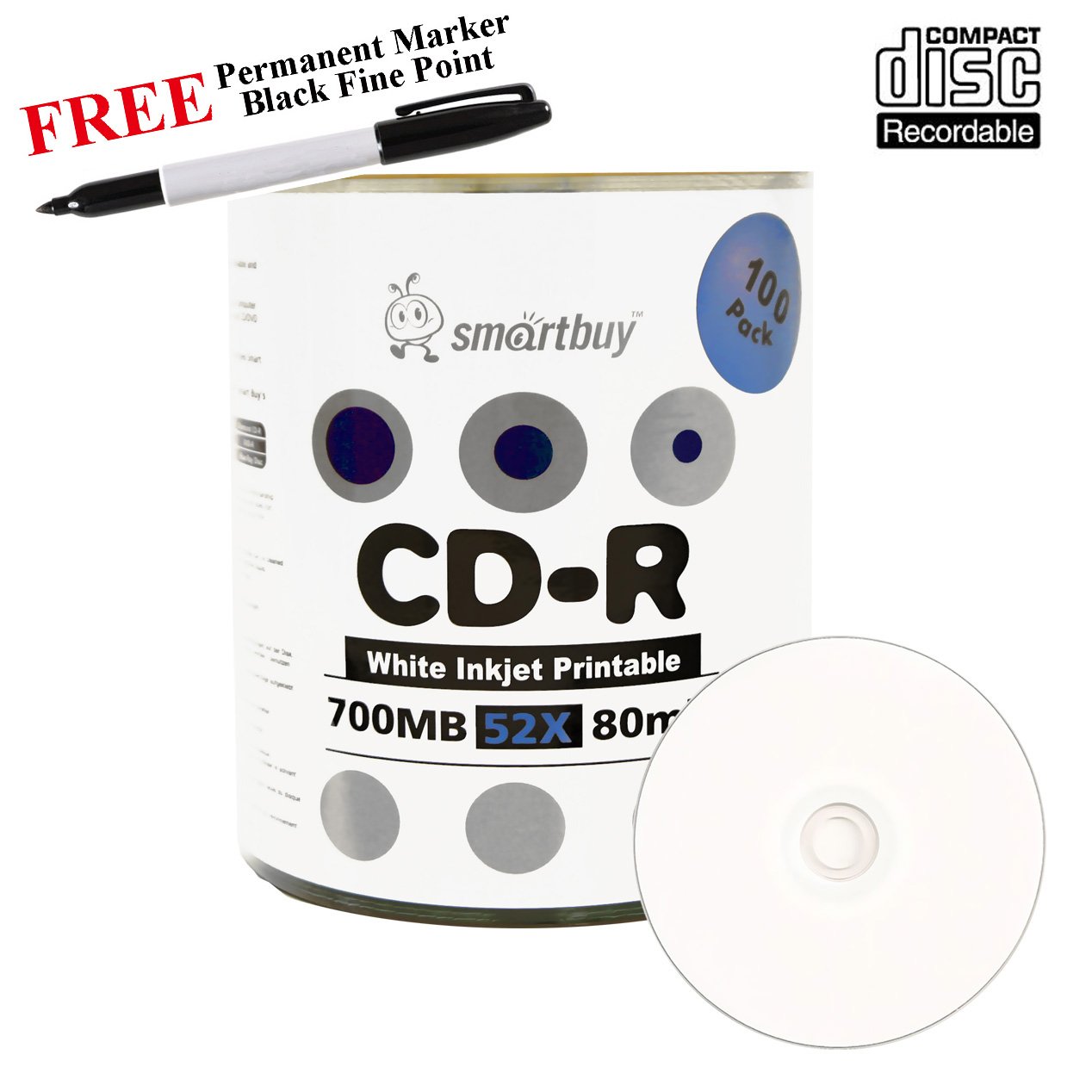 Smartbuy 100-disc 700mb/80min 52x CD-R White Inkjet Hub Printable Blank Media Disc + Black Permanent Marker