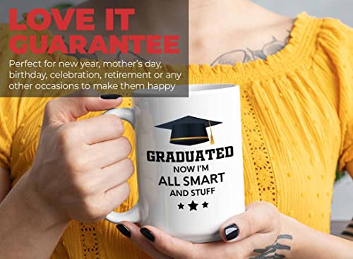 Flairy Land Graduation Coffee Mug 15oz White - All Smart and Stuff - Graduation Gifts for Her Senior Graduation College Student College Graduate Classmate MBA Grad