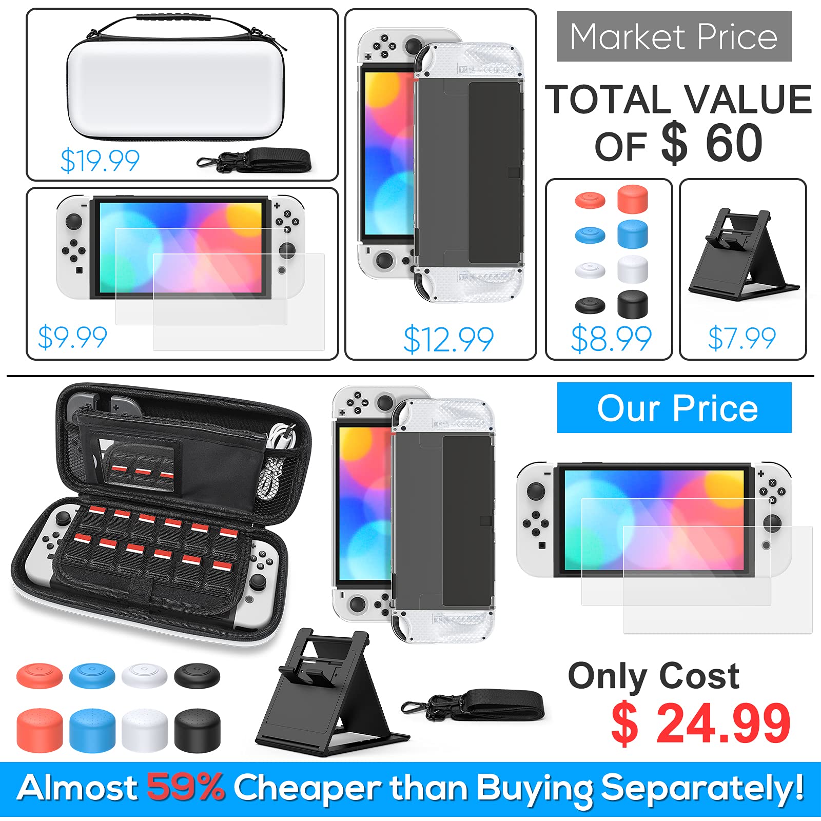 Accessories Bundle for Nintendo Switch OLED Model,Carrying Case with Card Slots,PC Protector Case for Console,TPU Cover for Joy Con,Tempered Glass,Joystick Cap,Console Playstand for OLED (White)