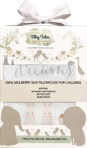 Silky Tales - Toddler Pillowcase 100% Silk - Kids Pillow Cover 13x18 (White with Light Pink and Blue)