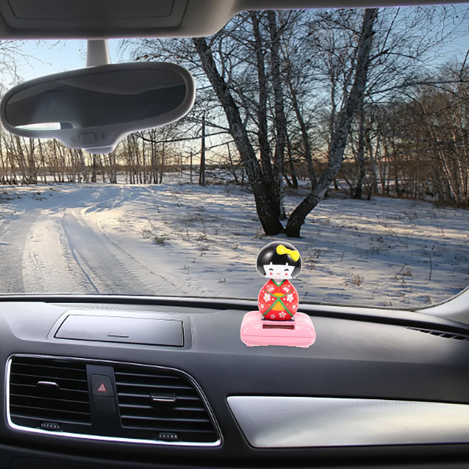 Amosfun Solar Powered Bobble Shaking Head Dancing Toy Japanese Kokeshi Doll Figurines Statues Car Dash Board Decorations Red