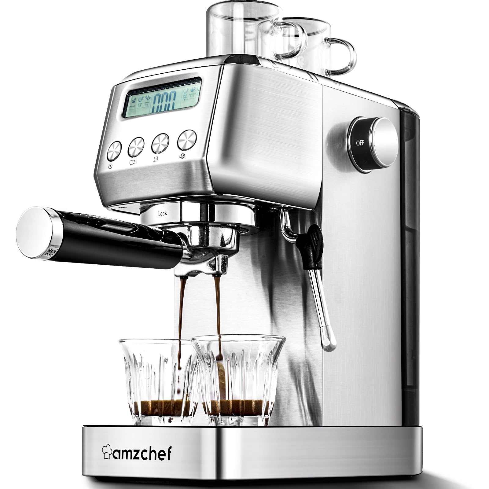 amzchef Espresso Machines 20 Bar, Espresso Maker with Milk Frother & LCD Panel, Adjustable Temp, Compact Cappuccino Machines for Home Gifts, Stainless Steel
